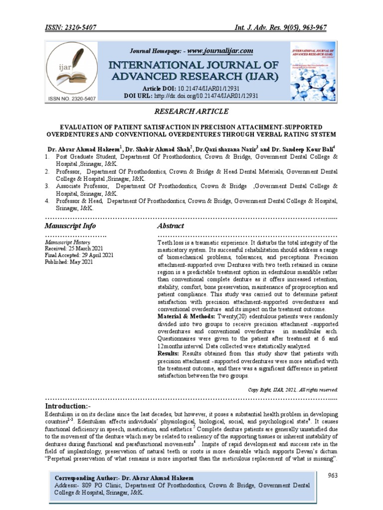 Evaluation Of Patient Satisfaction In Precision Attachment Supported Overdentures And