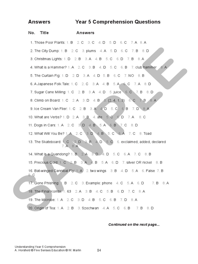 Sample: Answers Year 5 Comprehension Questions Answers Year 5 ...