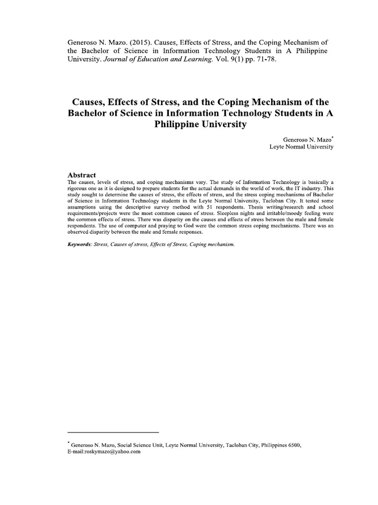 Causes, Effects of Stress, and The Coping Mechanism of The | PDF