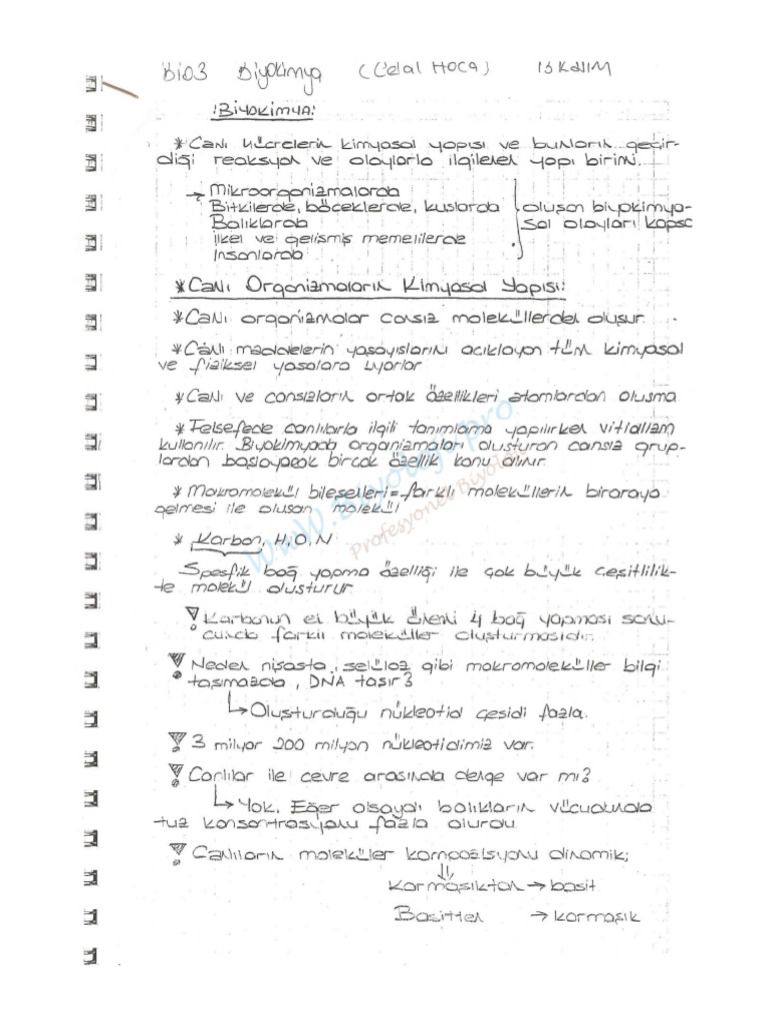 Biyokimya Ders Notları (Celal Hoca) | PDF