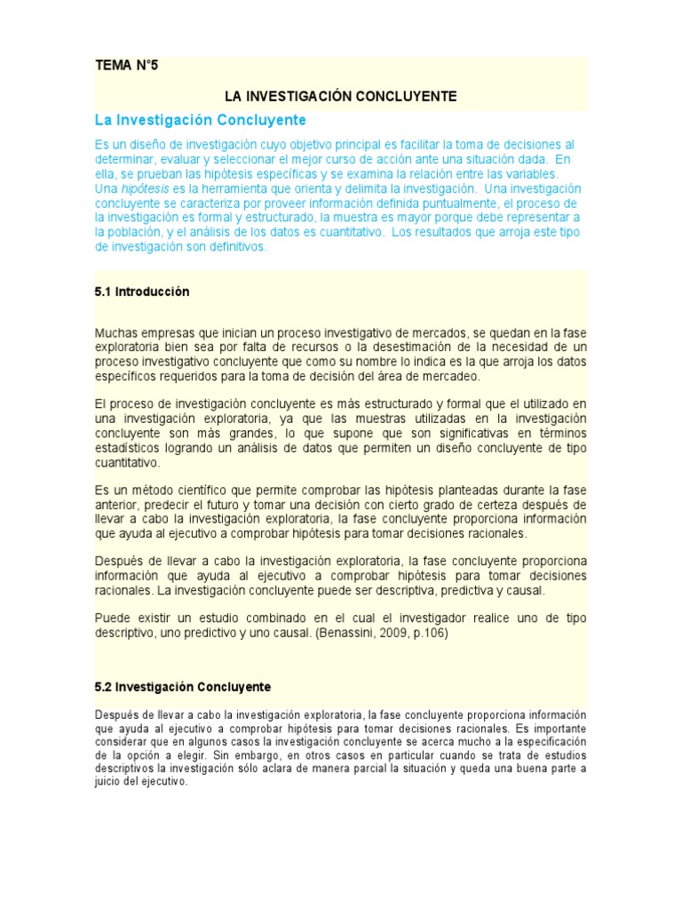 Tema #5 Investigación Concluyente | PDF | Cuestionario | Hipótesis