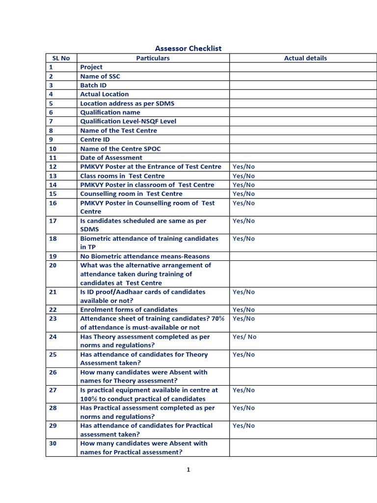 Assessor Checklist: Yes/No Yes/No Yes/No Yes/No Yes/No Yes/No Yes/No | PDF