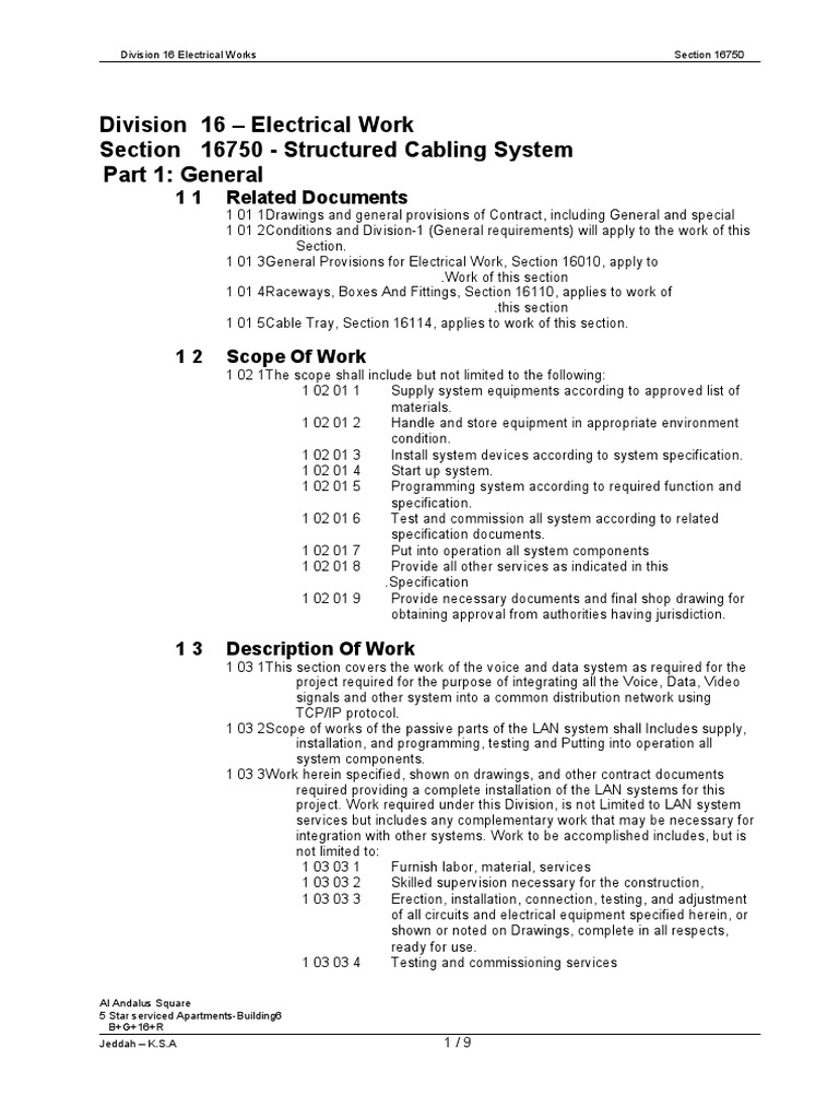 Division 16 - Electrical Work Section 16750 - Structured Cabling System ...