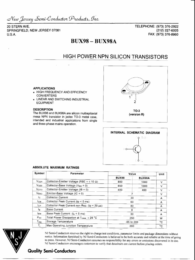 BUX98 - BUX98A: High Power NPN Silicon Transistors | PDF | Bipolar Junction Transistor | Transistor