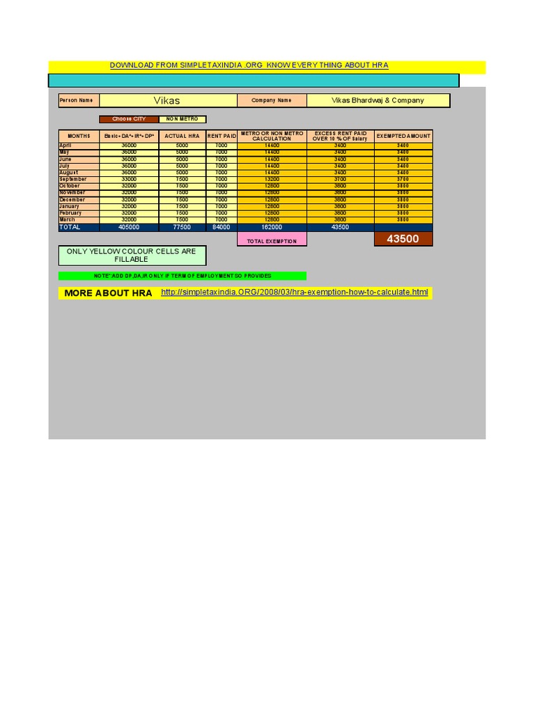 HRA Calculation and Exemption Summary | PDF | Taxation | Government ...