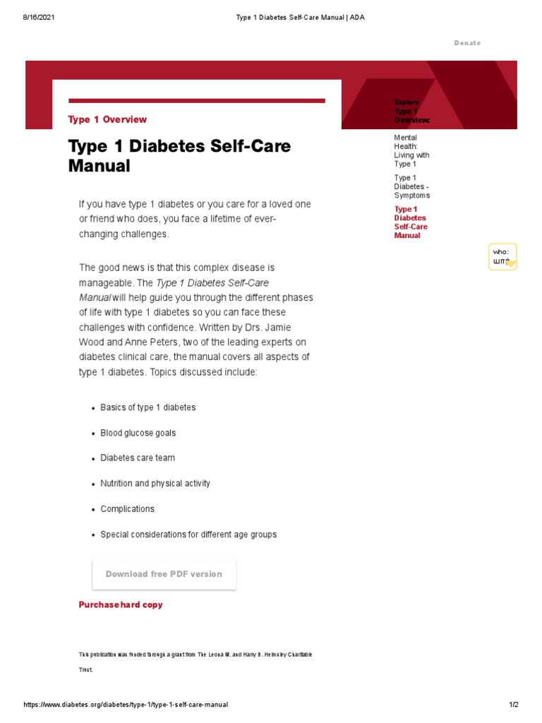 Type 1 Diabetes Self-Care Manual - ADA | PDF | Diabetes | Clinical Medicine