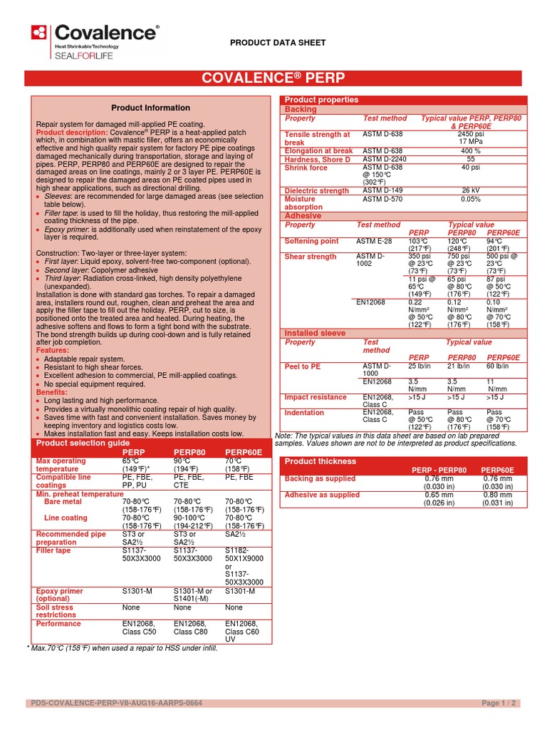 Covalence Perp: Product Data Sheet | PDF | Polyethylene | Epoxy