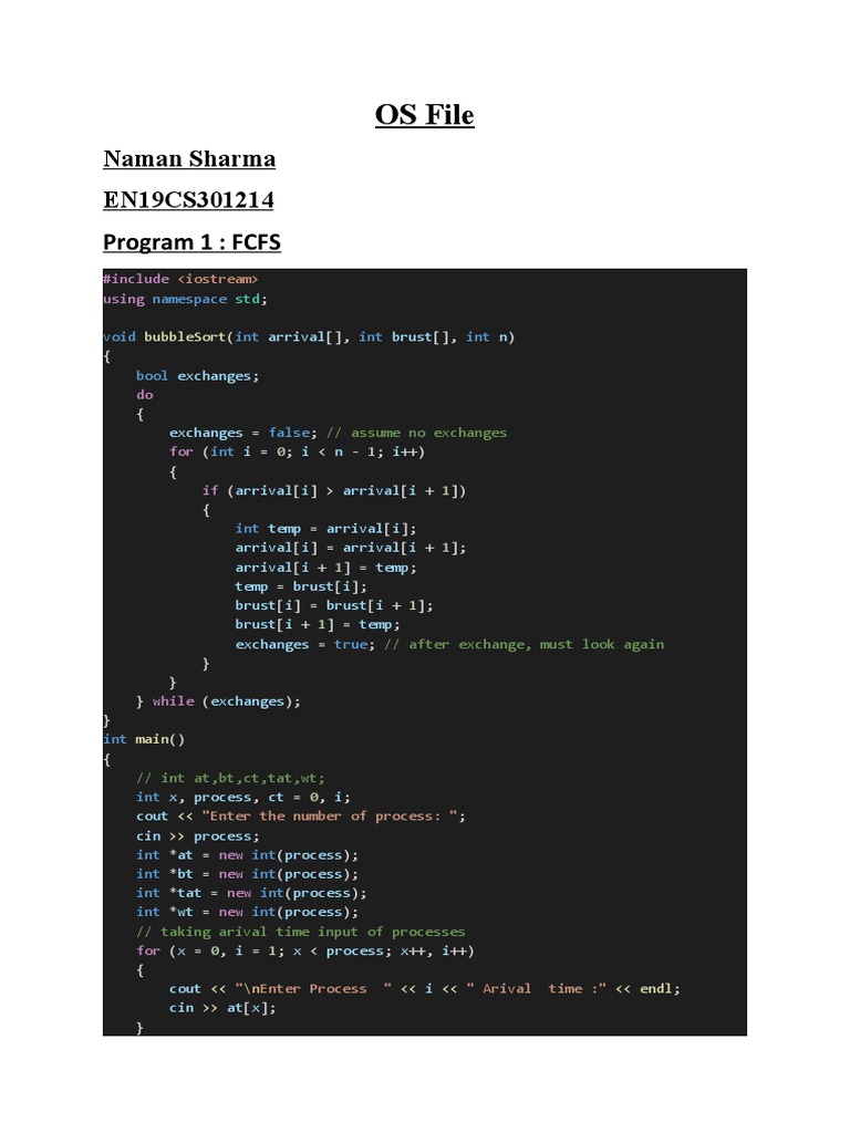 OS File: Naman Sharma EN19CS301214 Program 1: FCFS | PDF | Computer Programming | Software ...
