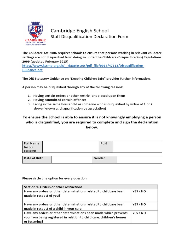 Cambridge English School: Staff Disqualification Declaration Form | PDF ...