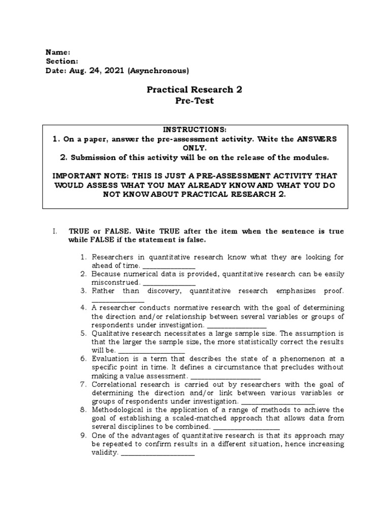 Practical Research 2 Pre-Test | PDF | Quantitative Research | Statistics