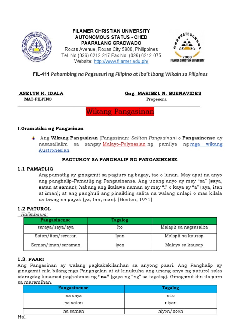 Fil 411-Ulat Ni Anelyn Idala, Wikang Pangasinan | PDF
