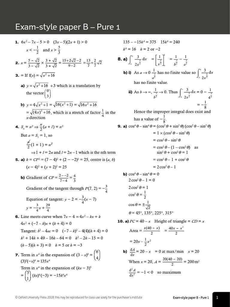 Exam-Style Paper B - Pure 1: X X X X | PDF | Theoretical Physics | Calculus