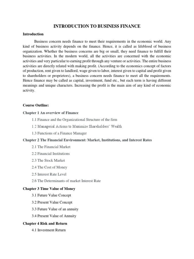 Introduction To Business Finance: Chapter 1 An Overview of Finance ...