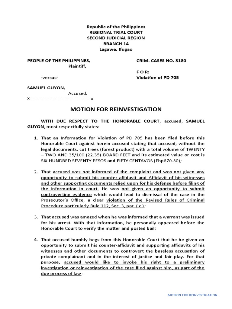 Motion for Reinvestigation in PD 705 Case | PDF | Complaint | Legal ...