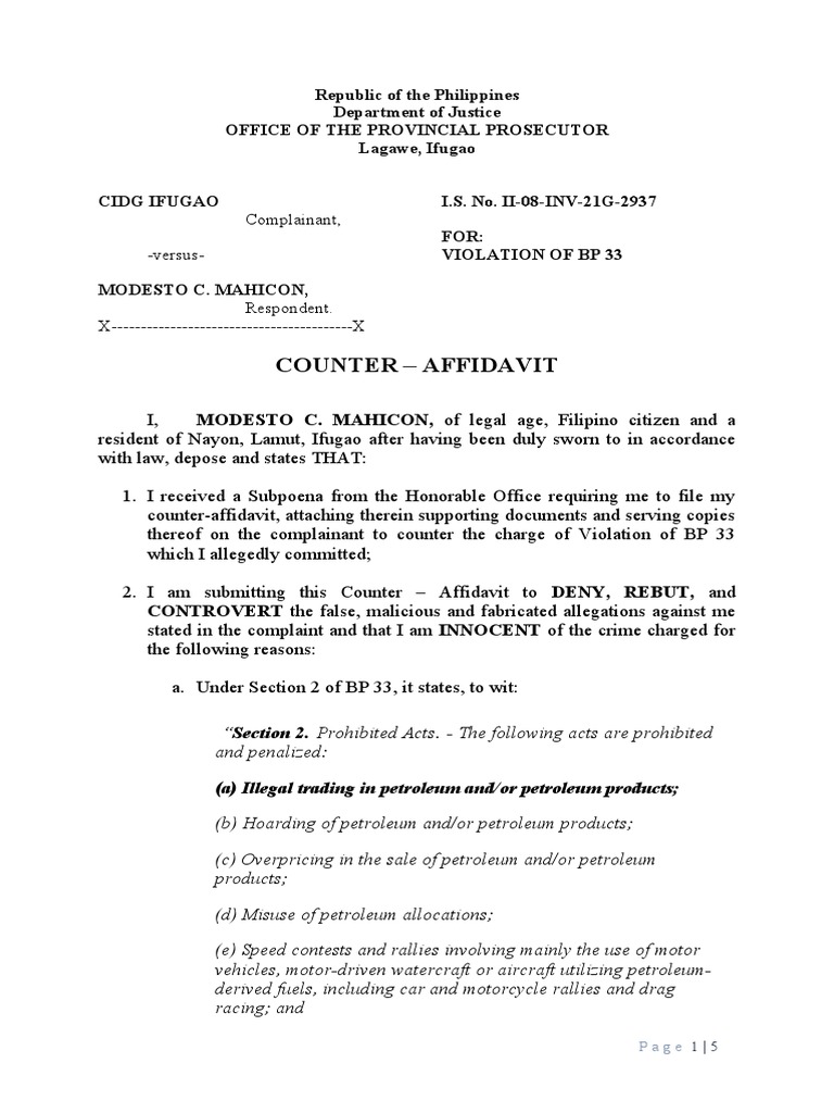 Counter - Affidavit: MODESTO C. MAHICON, of Legal Age, Filipino Citizen ...