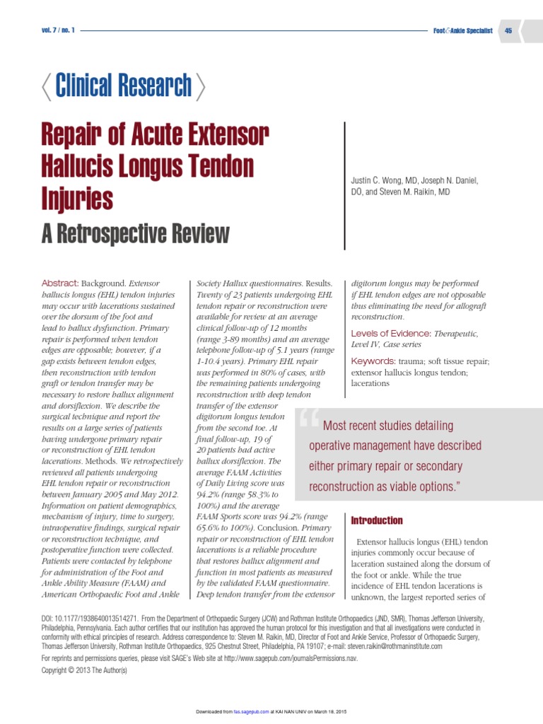 Clinical Research: Repair of Acute Extensor Hallucis Longus Tendon ...