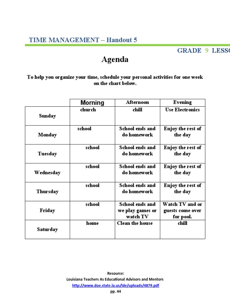 Agenda: Time Management - Handout 5 Grade Lesson | PDF