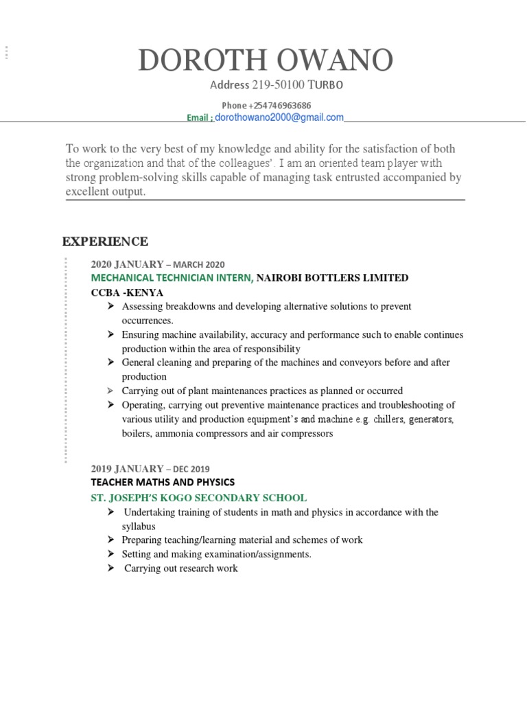 Doroth Owano: Experience | PDF | Engineering | Cognition