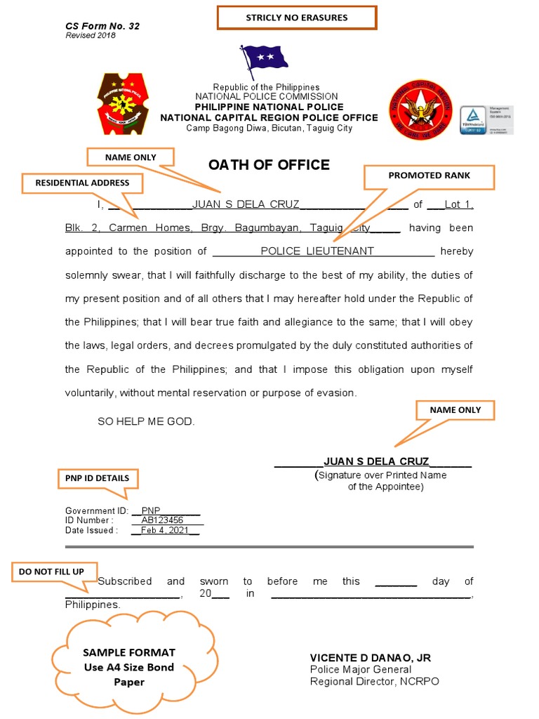 Format With NCRPO Logo-Oath of Office | PDF | Oath Of Office | Practice ...