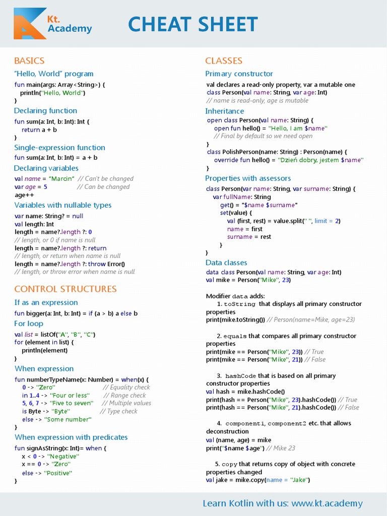 Kotlin Cheat Sheet | PDF | Anonymous Function | Parameter (Computer ... Kotlin Cheat Sheet | PDF | Anonymous Function | Parameter (Computer ...