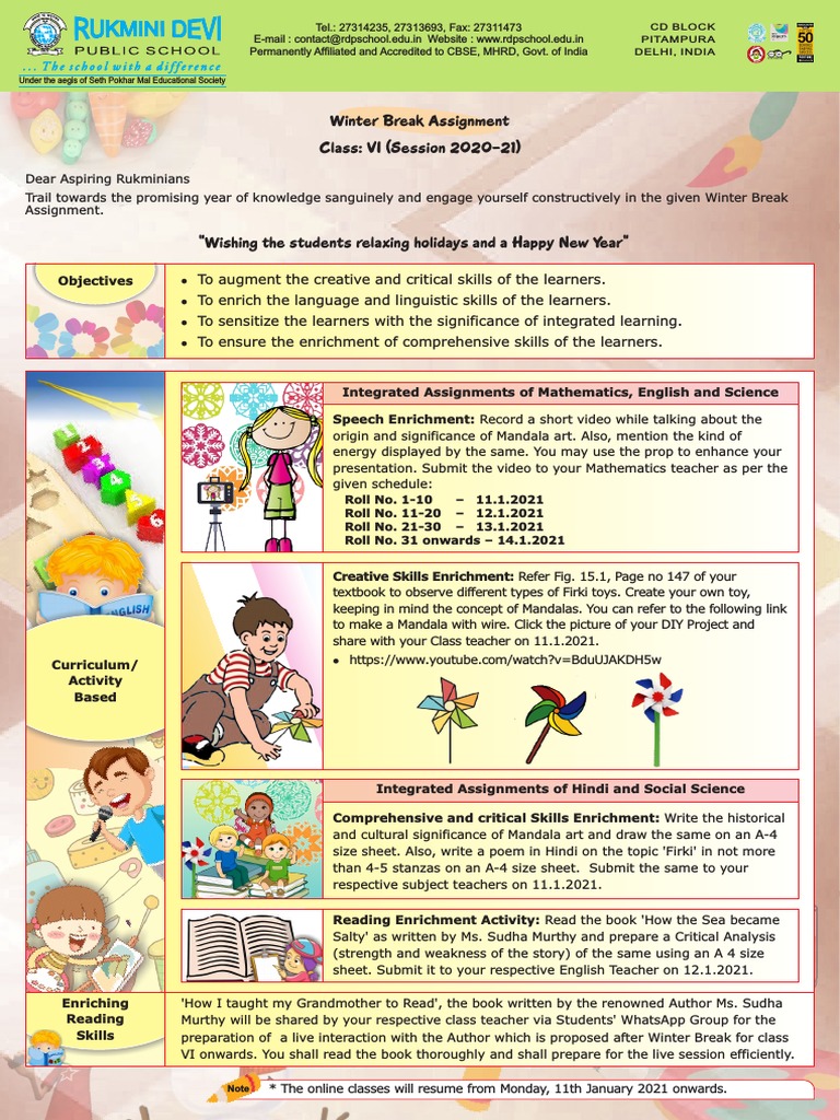 Winter Break Assignment Class: VI (Session 2020-21) | Download Free PDF | Learning | Teachers