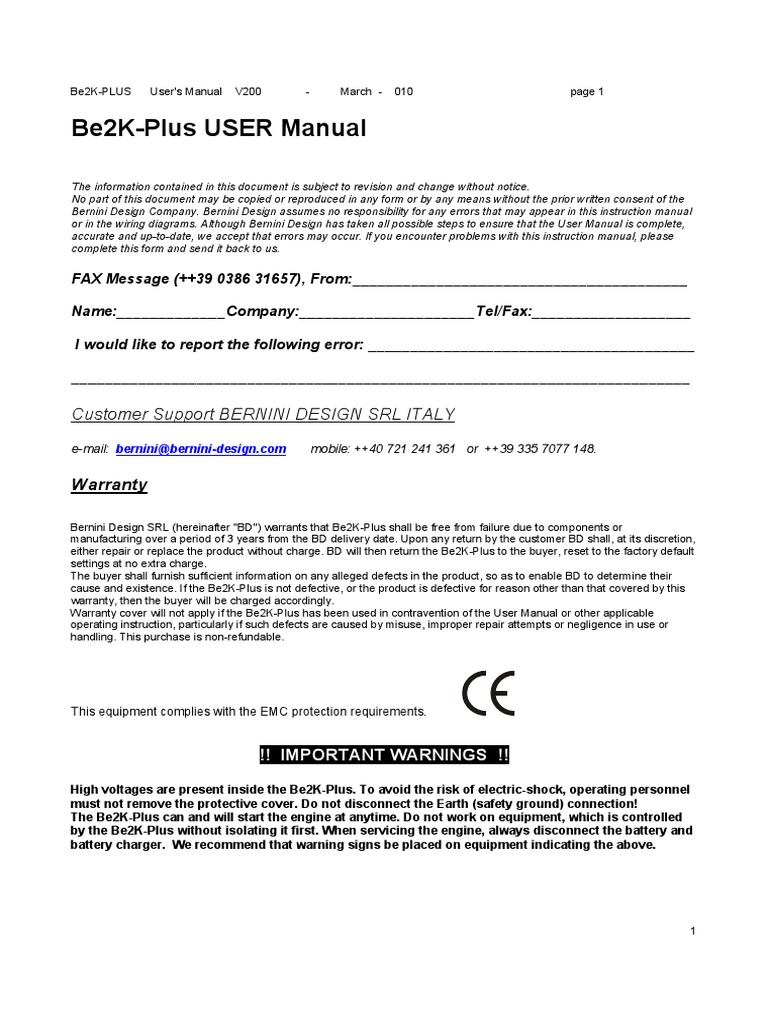 Be2K-Plus USER Manual: Customer Support Bernini Design SRL Italy | PDF | Mains Electricity ...