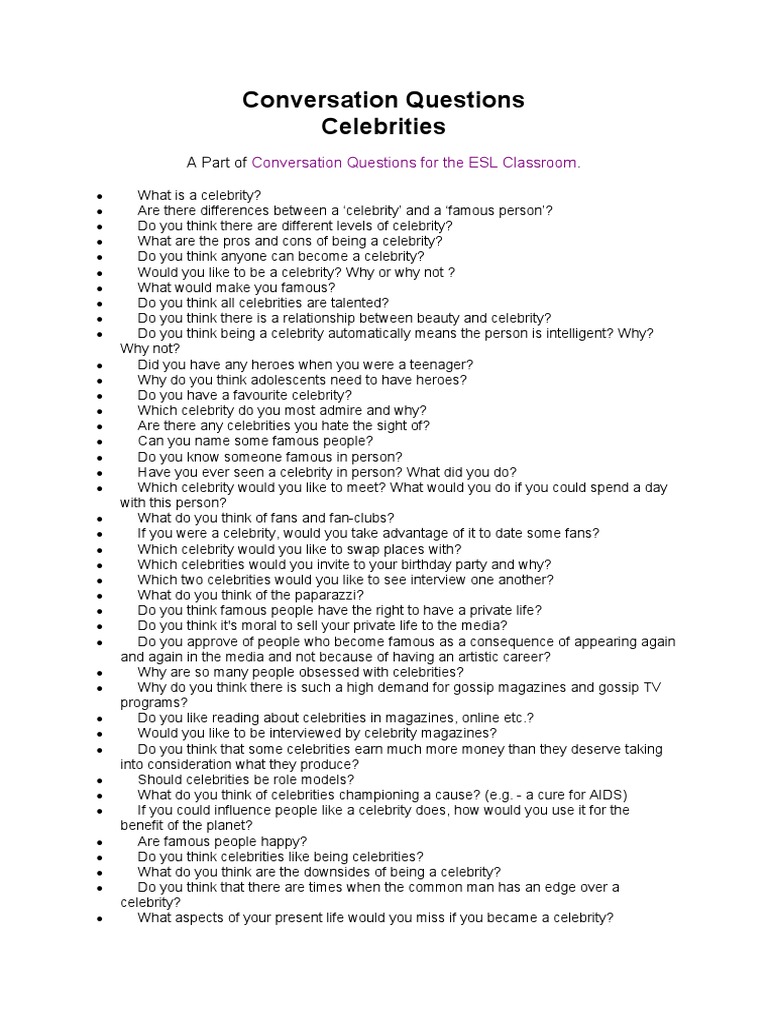 Conversation Questions Celebrities: A Part of | PDF | Celebrity ...