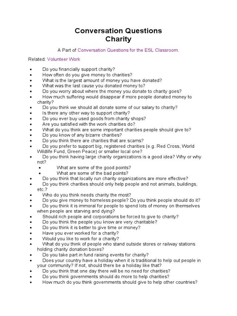 Conversation Questions Charity: Conversation Questions For The ESL ...