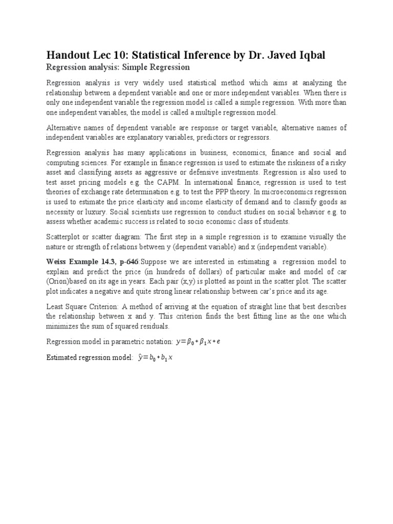 Handout Lec 10: Statistical Inference by Dr. Javed Iqbal: Regression ...