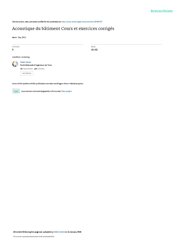 Acoustique du Bâtiment: Cours et Exercices | PDF