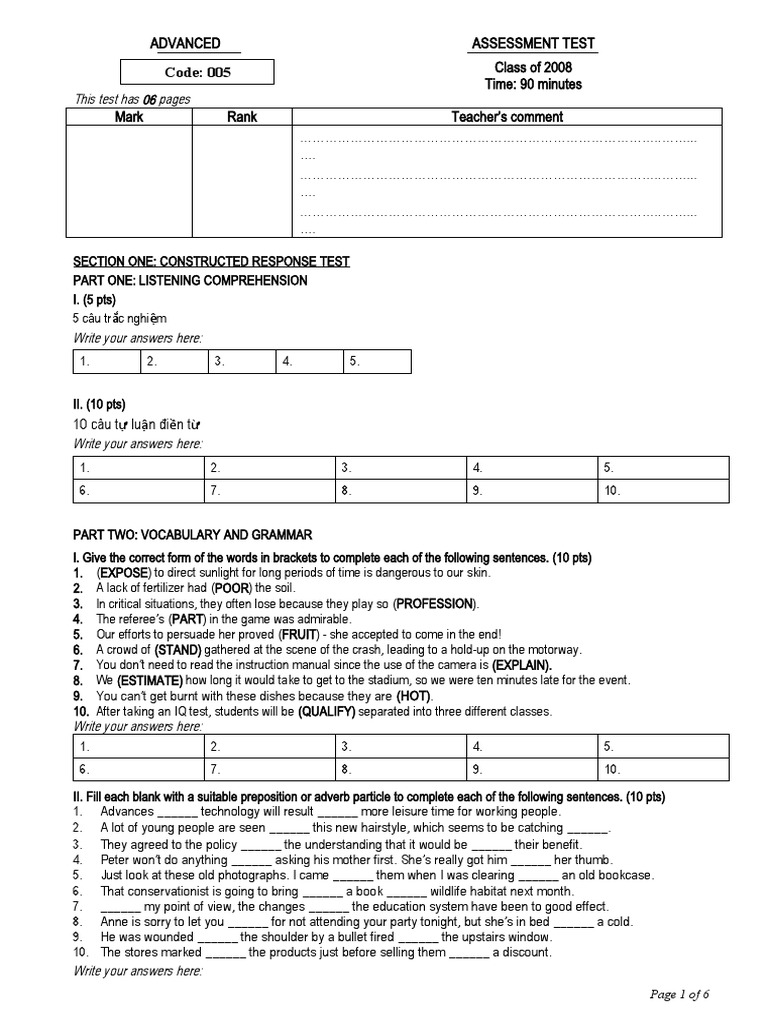 Assessment Test Form | PDF | Adolescence