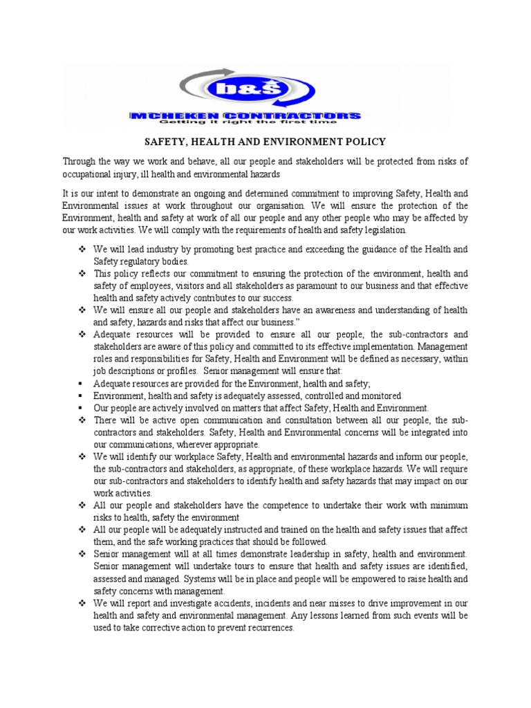 B&S SHE Policy | PDF | Occupational Safety And Health | Safety