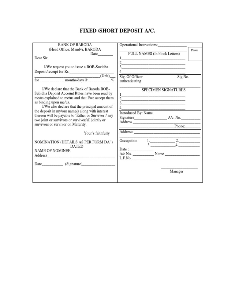 BOB FD Form | PDF | Banking | Financial Services