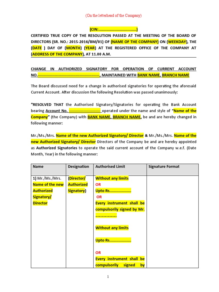13) Resolution For Change in Authorised Signatory in Bank | PDF