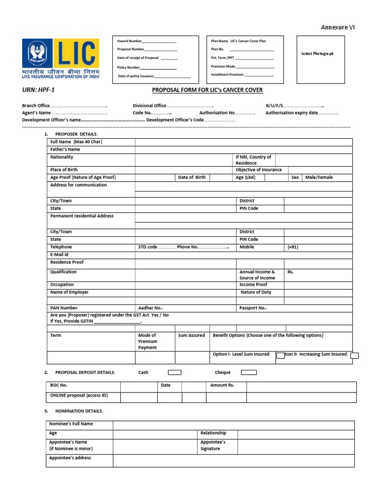 Annexure VI: Proposal Form For Lic'S Cancer Cover | PDF | Insurance ...