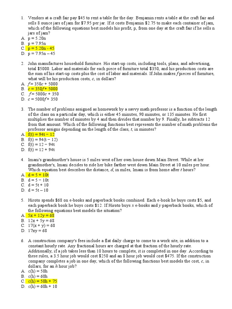 Linear Funtion Word Problems | PDF