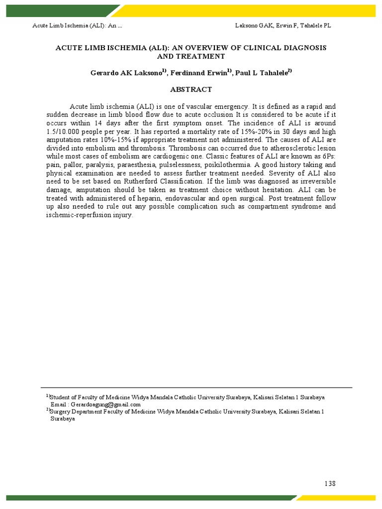 Acute Limb Ischemia (Ali) An Overview of Clinical Diagnosis | PDF ...