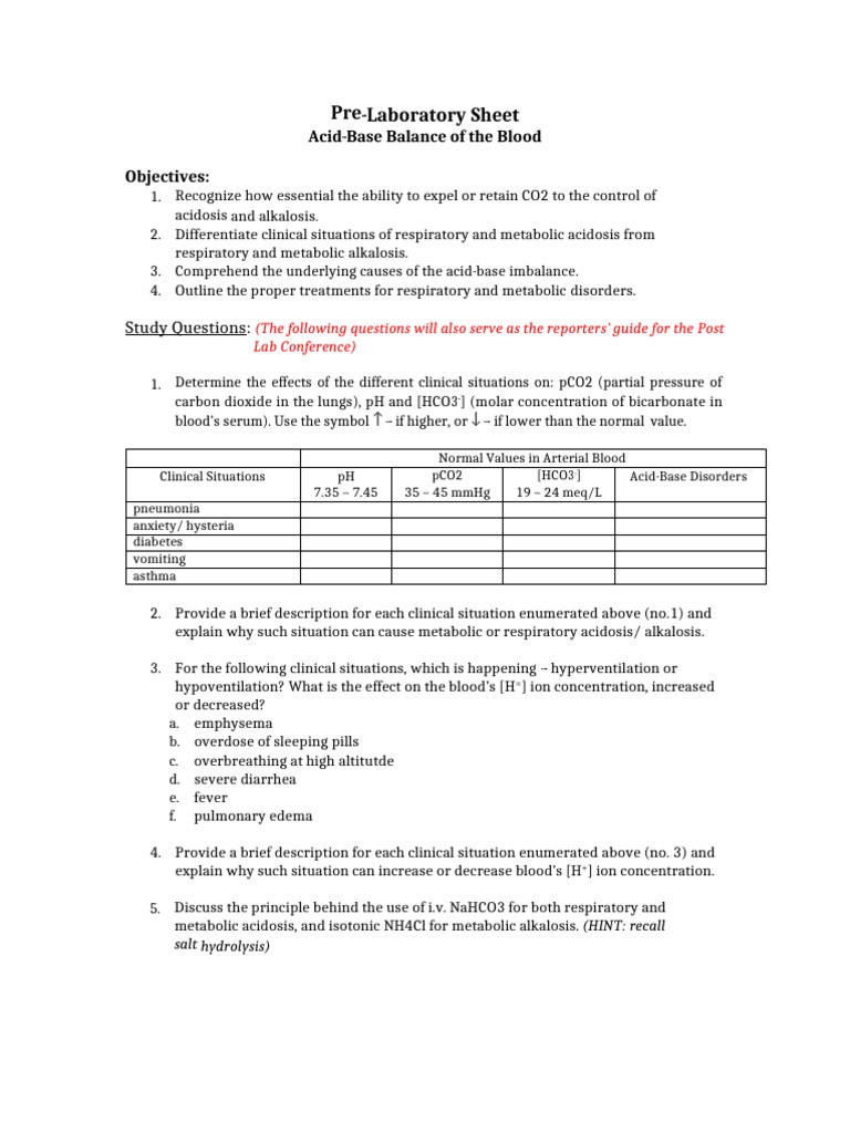 PreLab Sheet - Blood Buffers | PDF