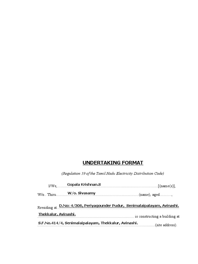 Undertaking Format: (Regulation 39 of The Tamil Nadu Electricity ...