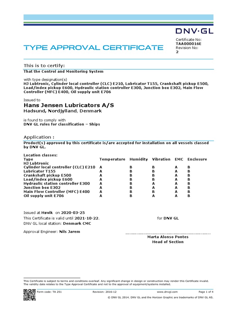 Type Approval Certificate: Hans Jensen Lubricators A/S | PDF | Software | Computing