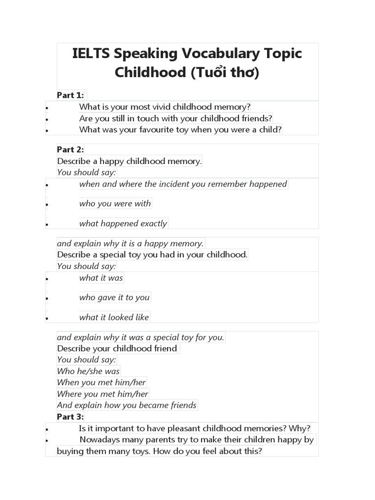 IELTS Speaking Vocabulary Topic Childhood | PDF
