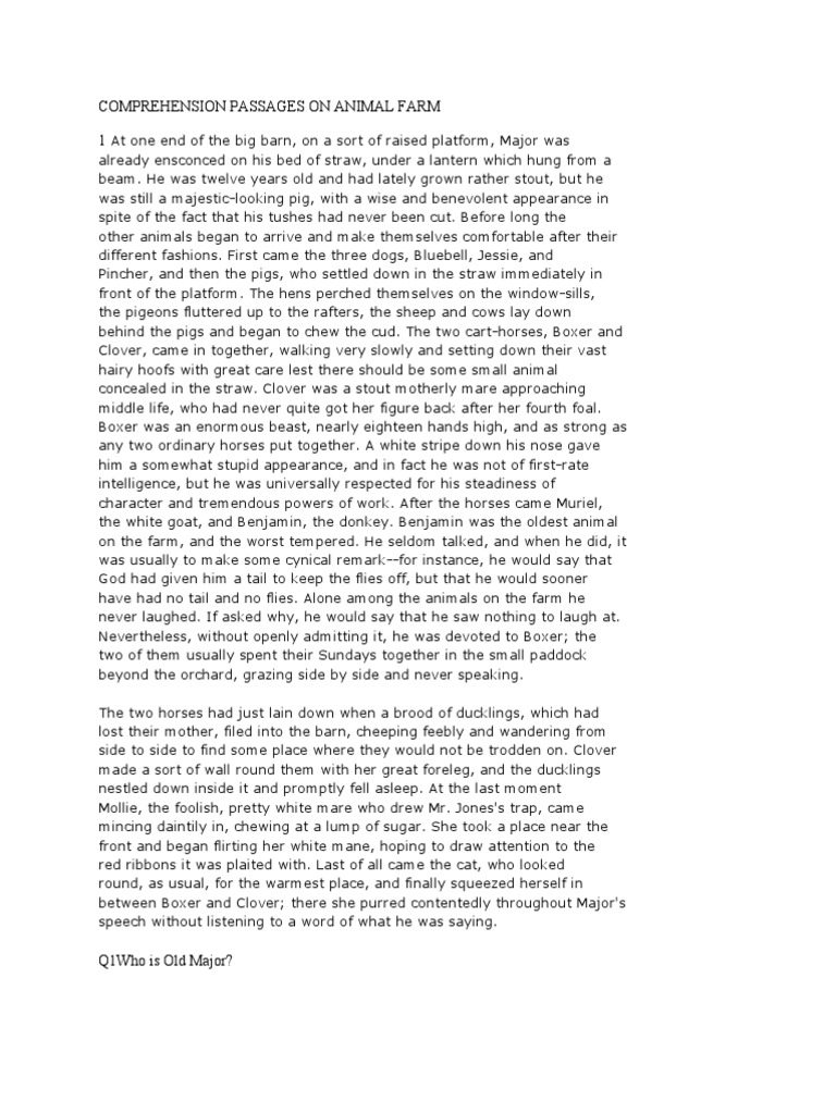 Comprehension Passages On Animal Farm | PDF | Animals And Humans ...