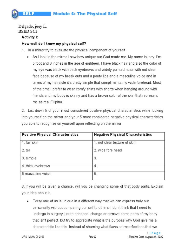 Module 6 The Physical Self Activitydelgado | PDF | Psychological ...