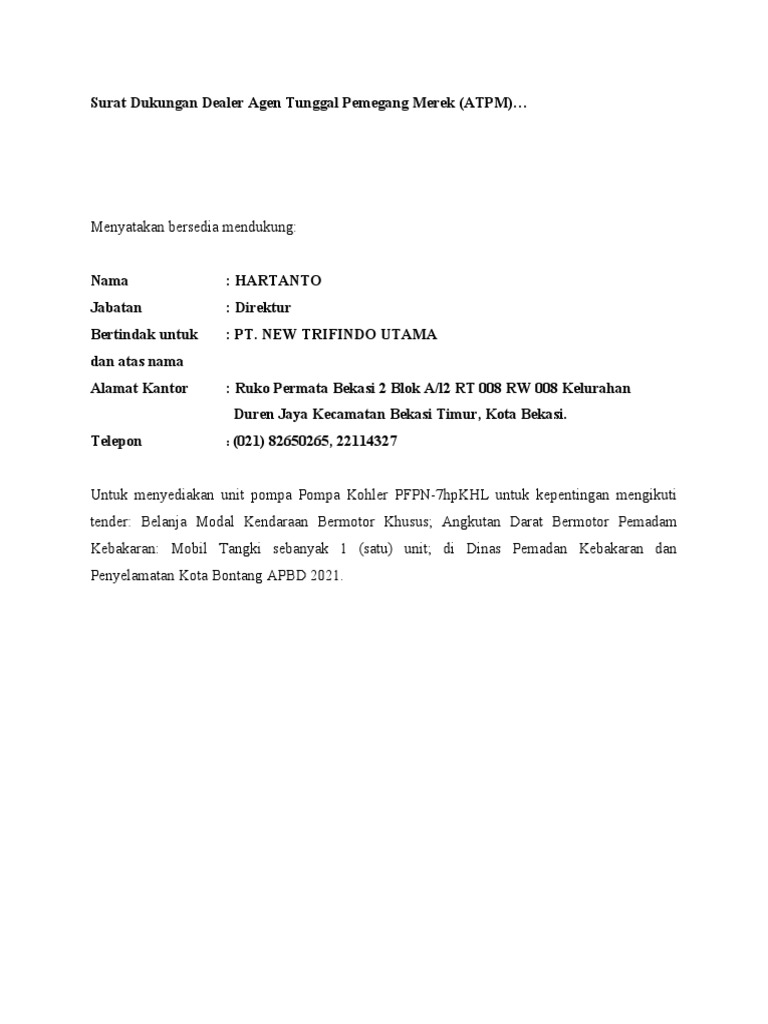 Surat Dukungan Tender ATPM | PDF