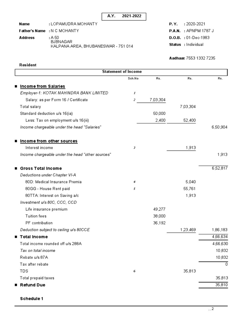 It Computation Sheet Fy 2020-21 - Lopamudra | PDF | Tax Refund | Tax ...