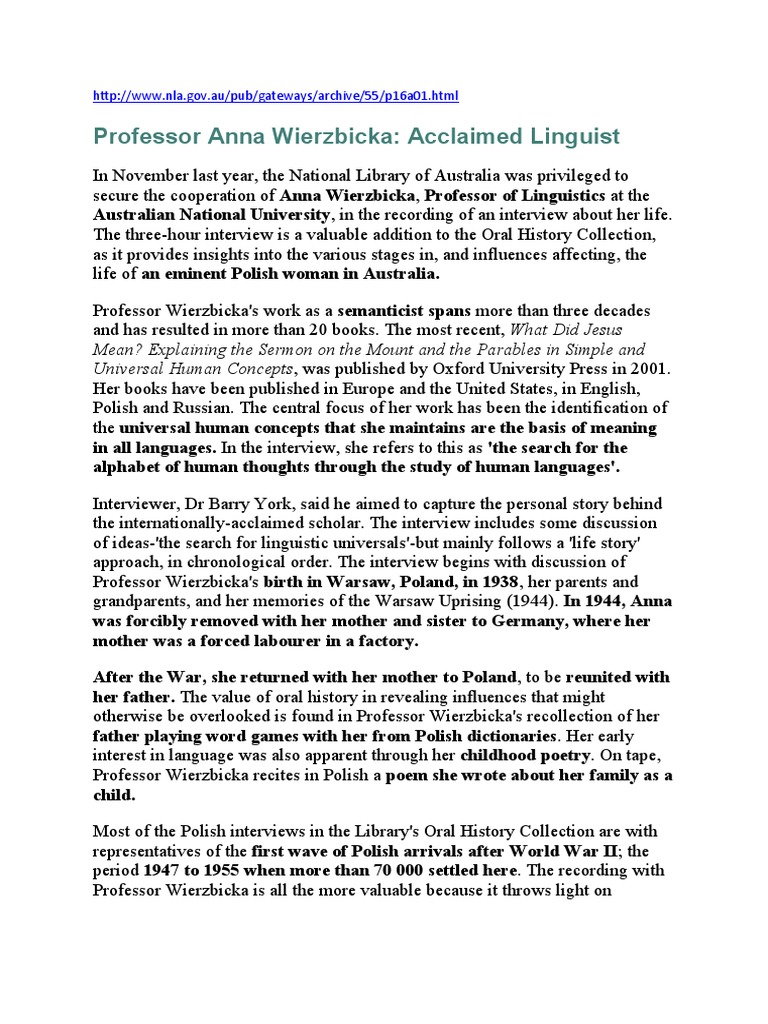 Professor Anna Wierzbicka: Acclaimed Linguist | PDF | Identity (Social ...