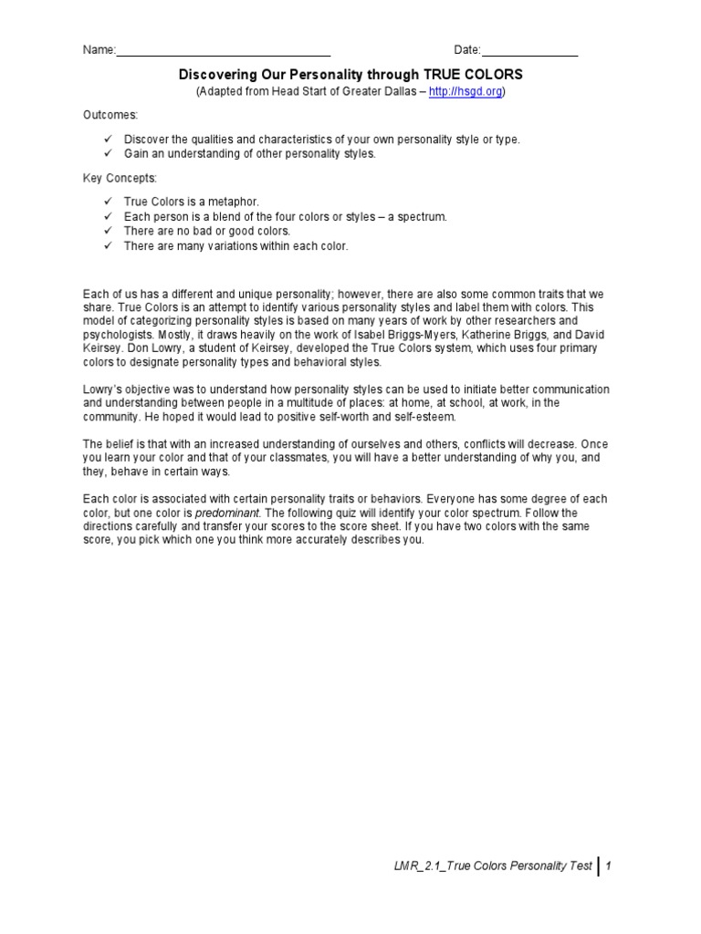 True Colors Personality Test Guide | PDF | Color | Self Esteem