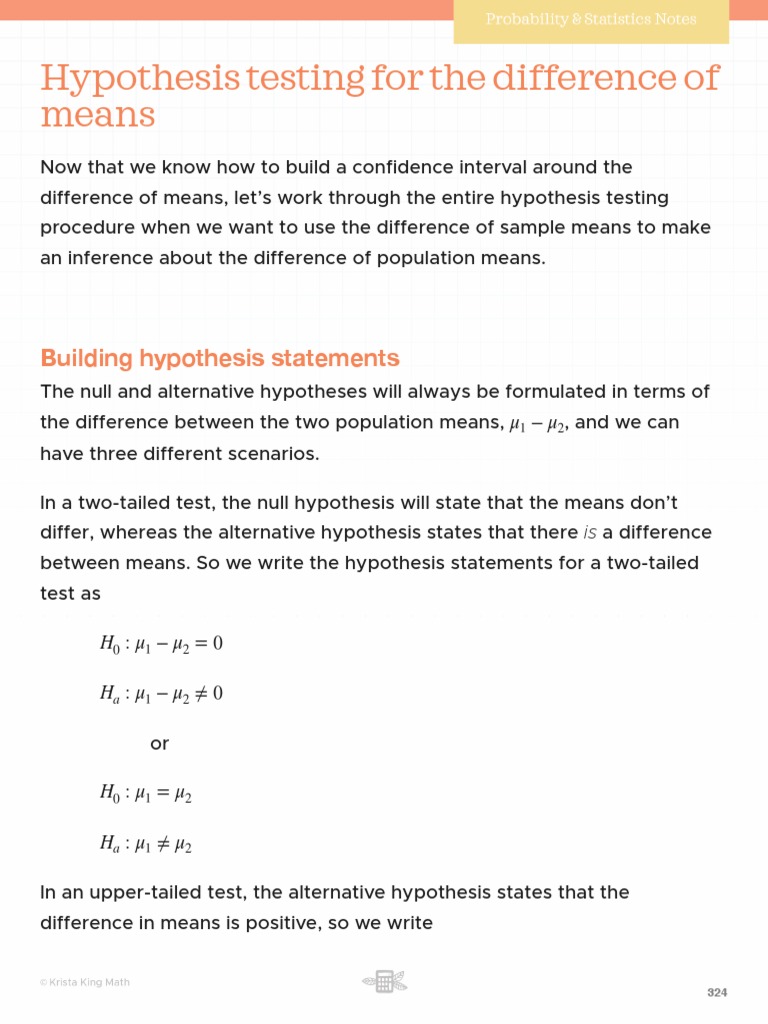 Hypothesis Testing For The Difference of Means | PDF | Statistical ...