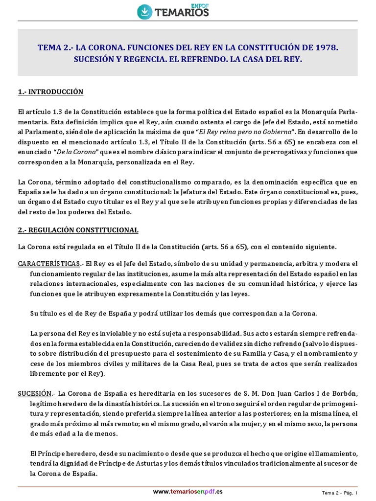 Tema 2. La Corona. Funciones Del Rey en La Constitución de 1978. | PDF ...