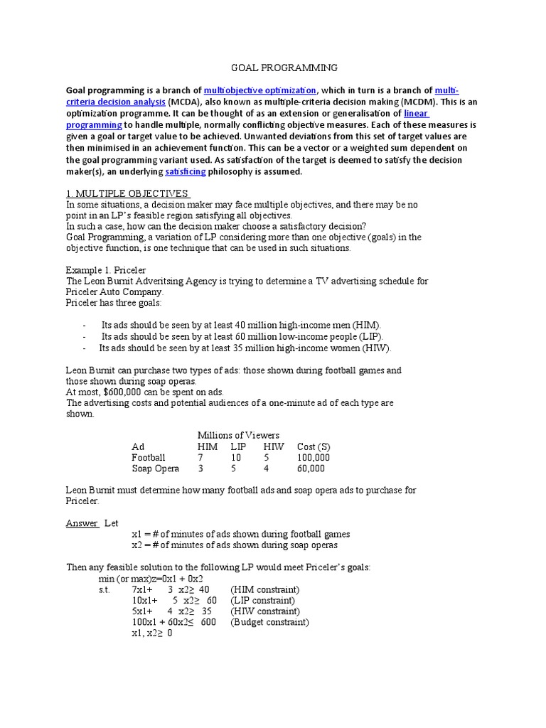 Goal Programming Is A Branch Of Multiobjective Optimization Multi Criteria Decision Analysis